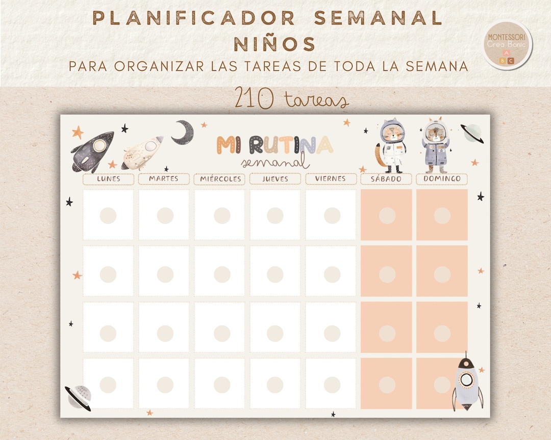 Planificador semanal para niños. Rutina semanal para niños. Espacio ...