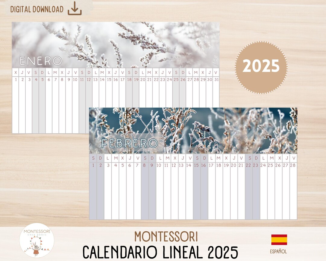 Montessori Linear Calendar 2025 for Kids. Annual Nature Images Calendar ...