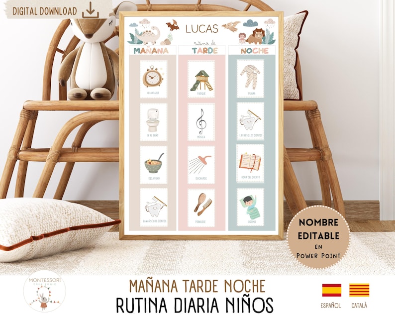 Tablero de rutinas diarias para niños en español y catalán. Dinosaurios ...