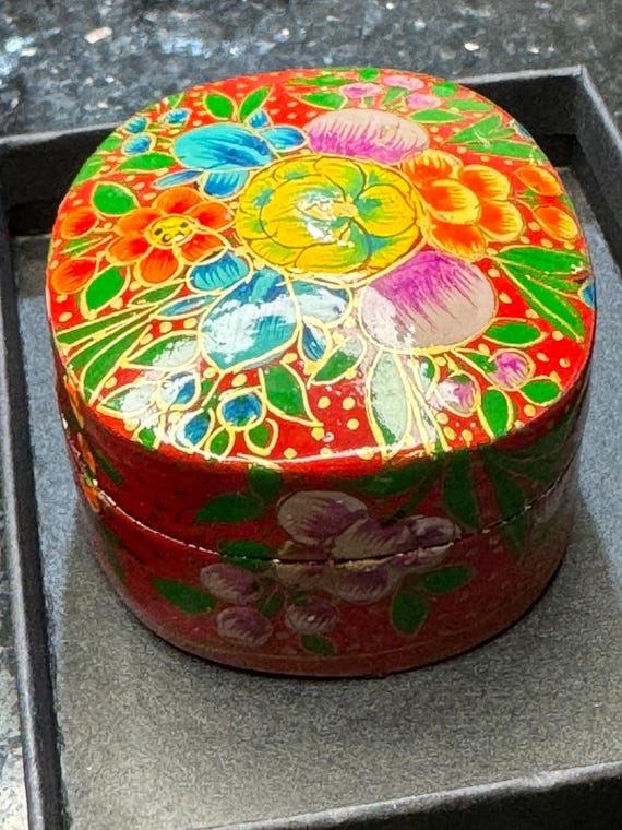 Vintage Kashmir Paper Mache Red Floral Lacquered Box - Gem