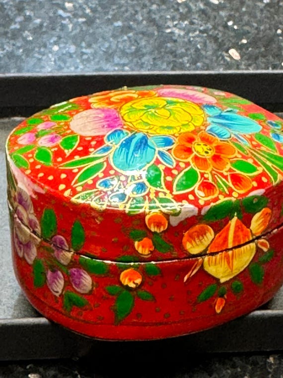 Vintage Kashmir Paper Mache Red Floral Lacquered Box - Gem