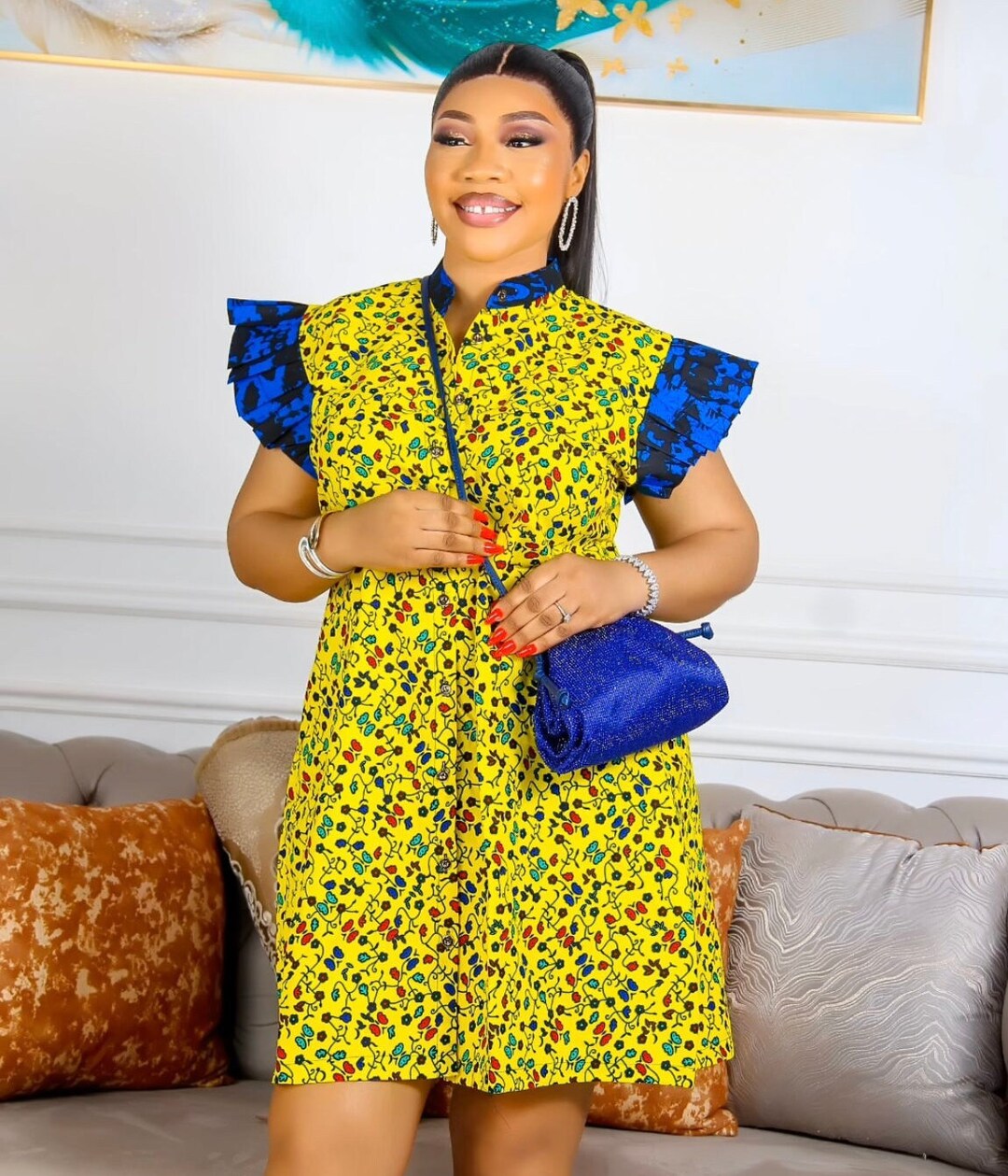 African Print Mini Dress, African Dress, African Midi Knee Length Dress ...