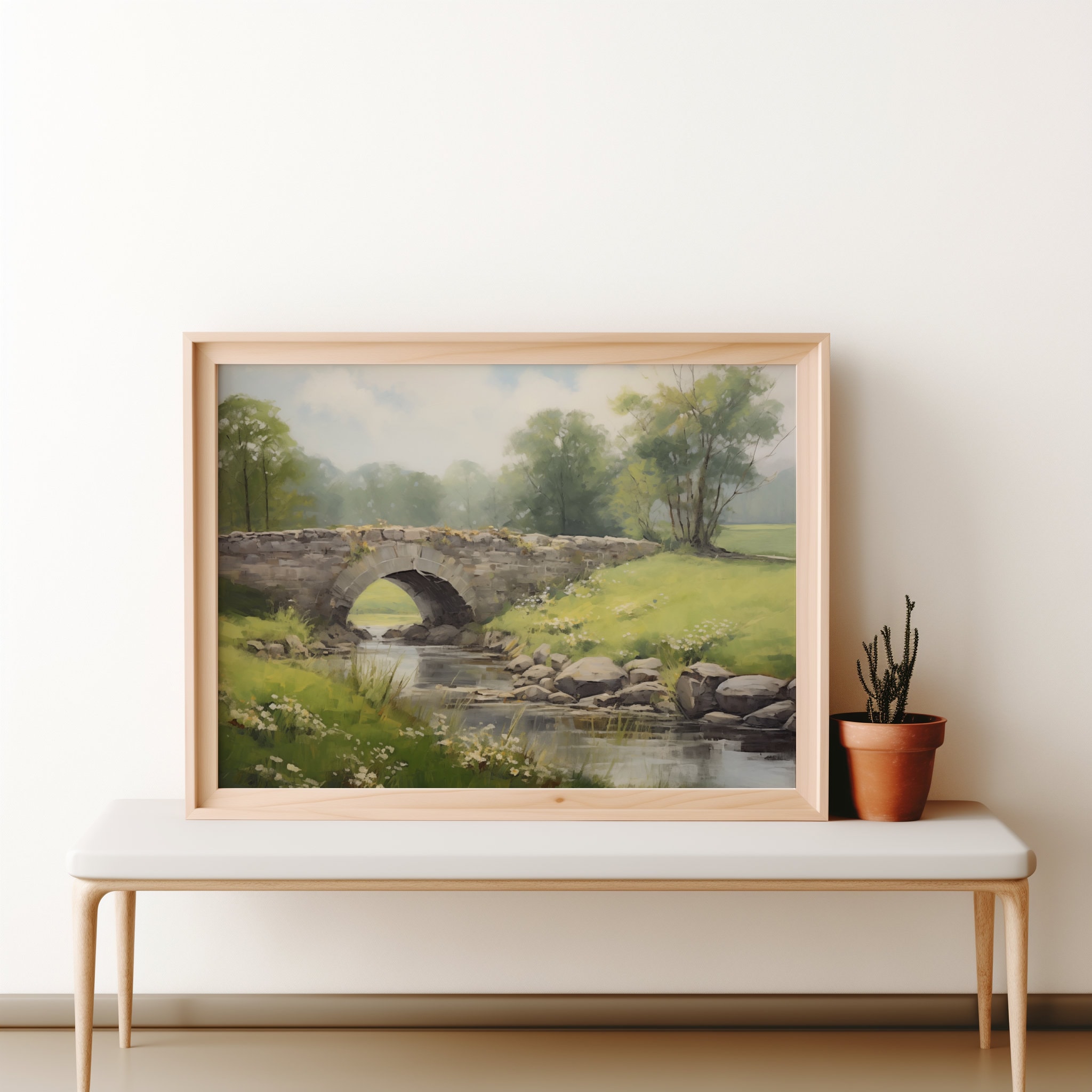Vintage Bridge Landscape Painting, Country Wall Art Digital Download ...