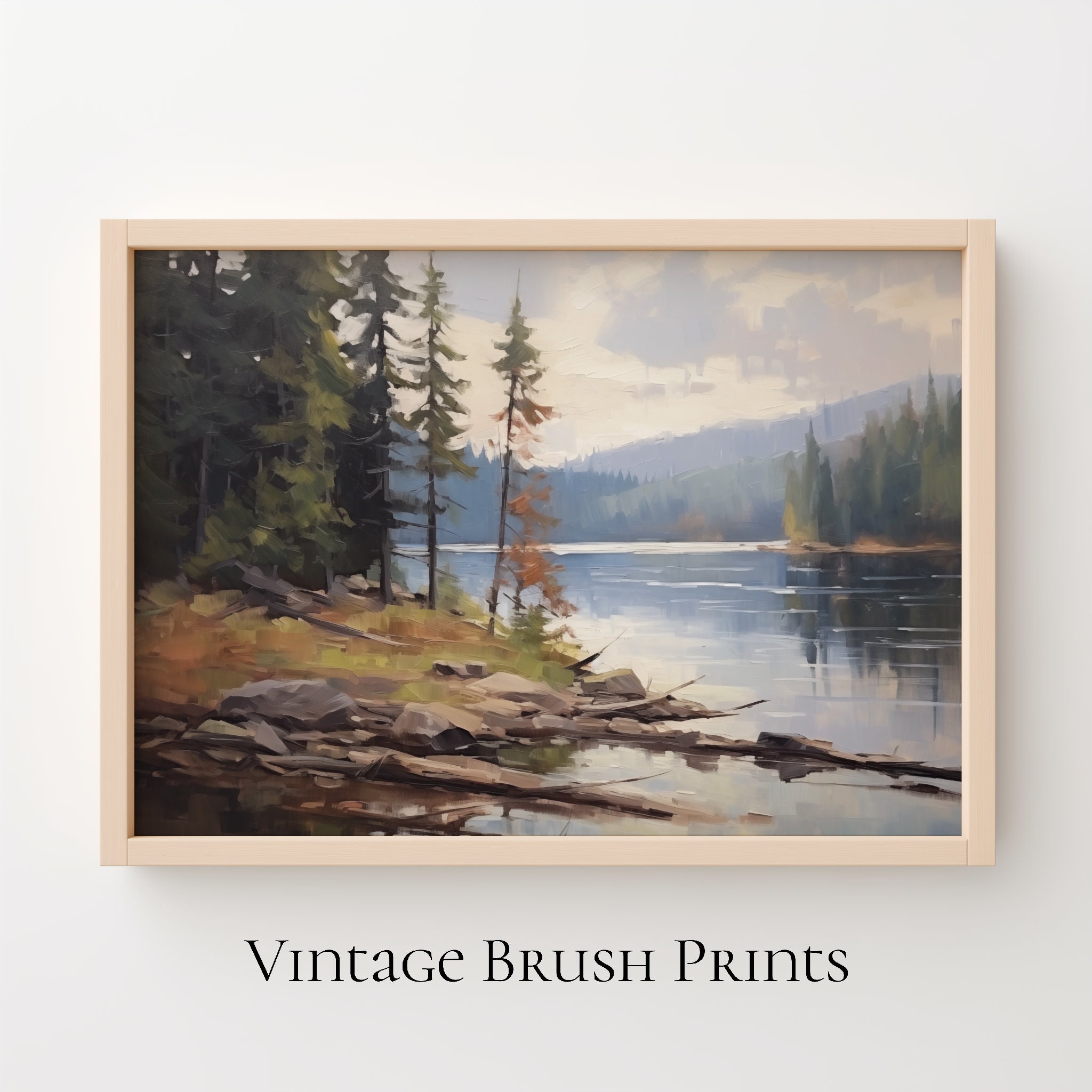 Printable Vintage Lake Painting | Muted Green Landscape Wall Art ...