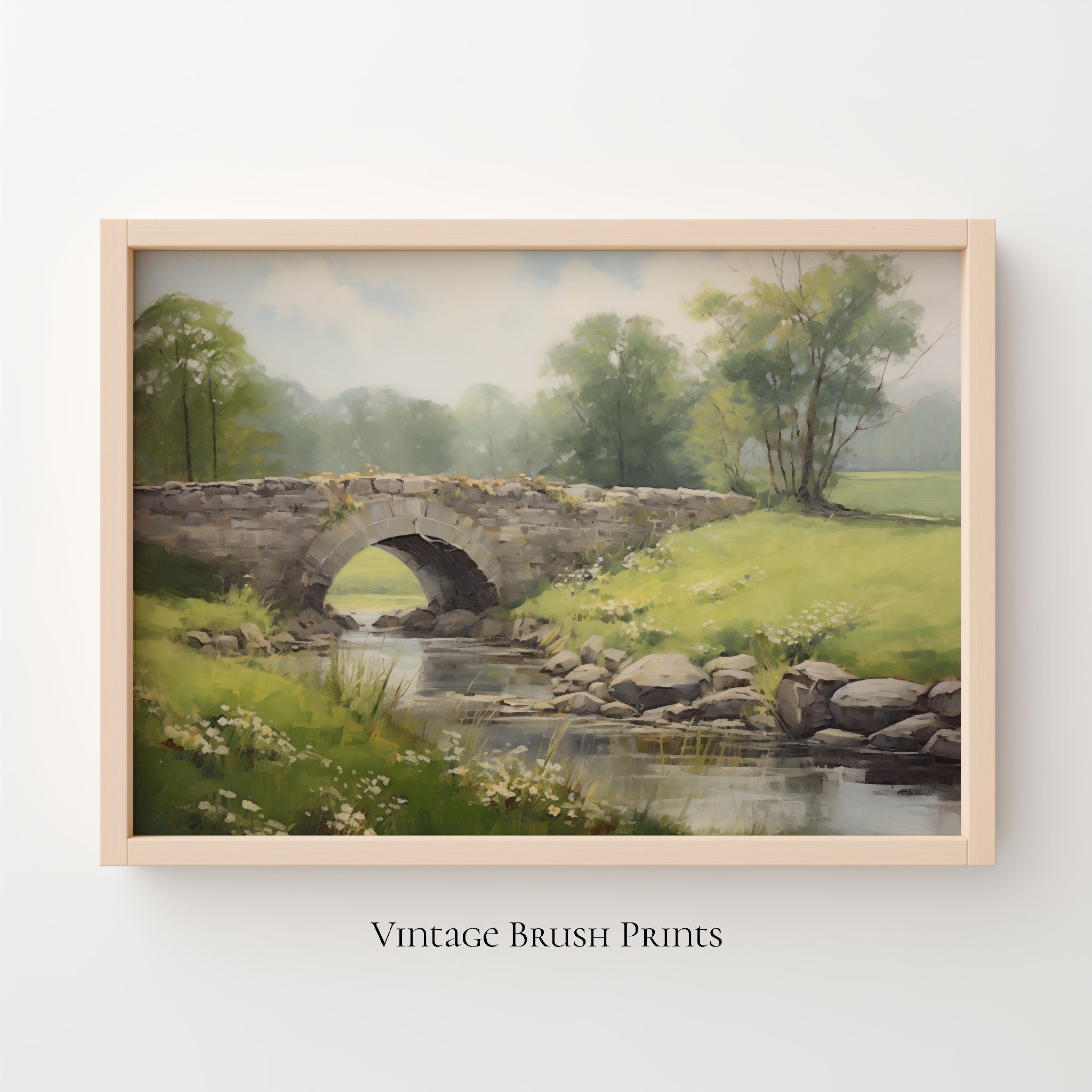 Vintage Bridge Landscape Painting, Country Wall Art Digital Download ...