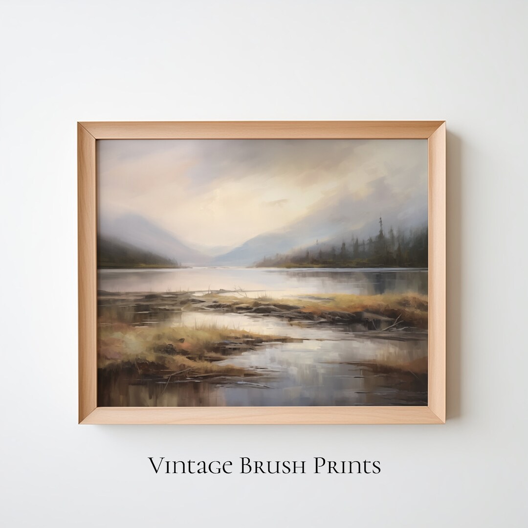 Printable Vintage Lake Painting | Rustic Landscape Print | Muted Green ...