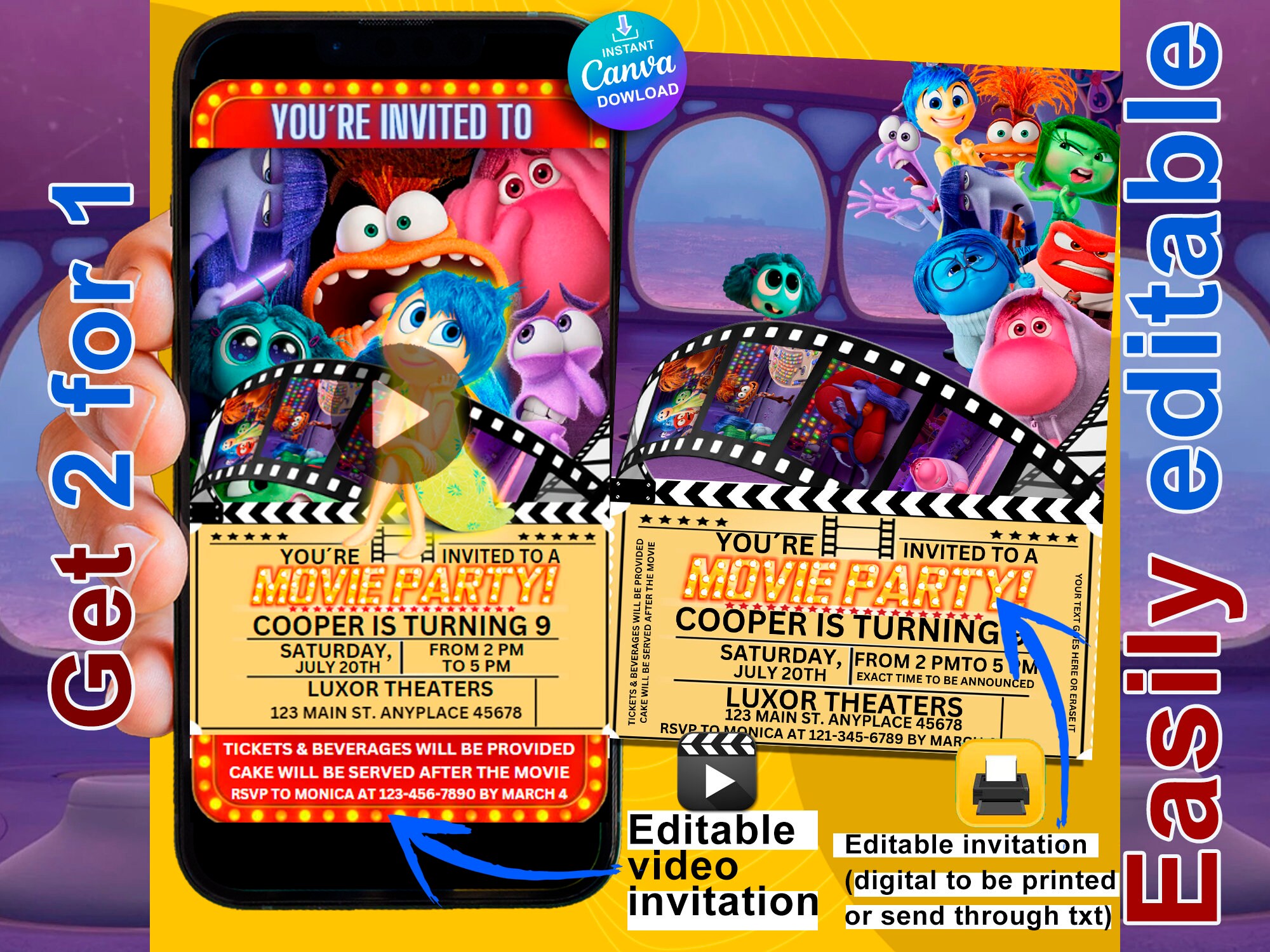Inside Out 2 Movie Theater Celebration Invitations: Editable Printable ...