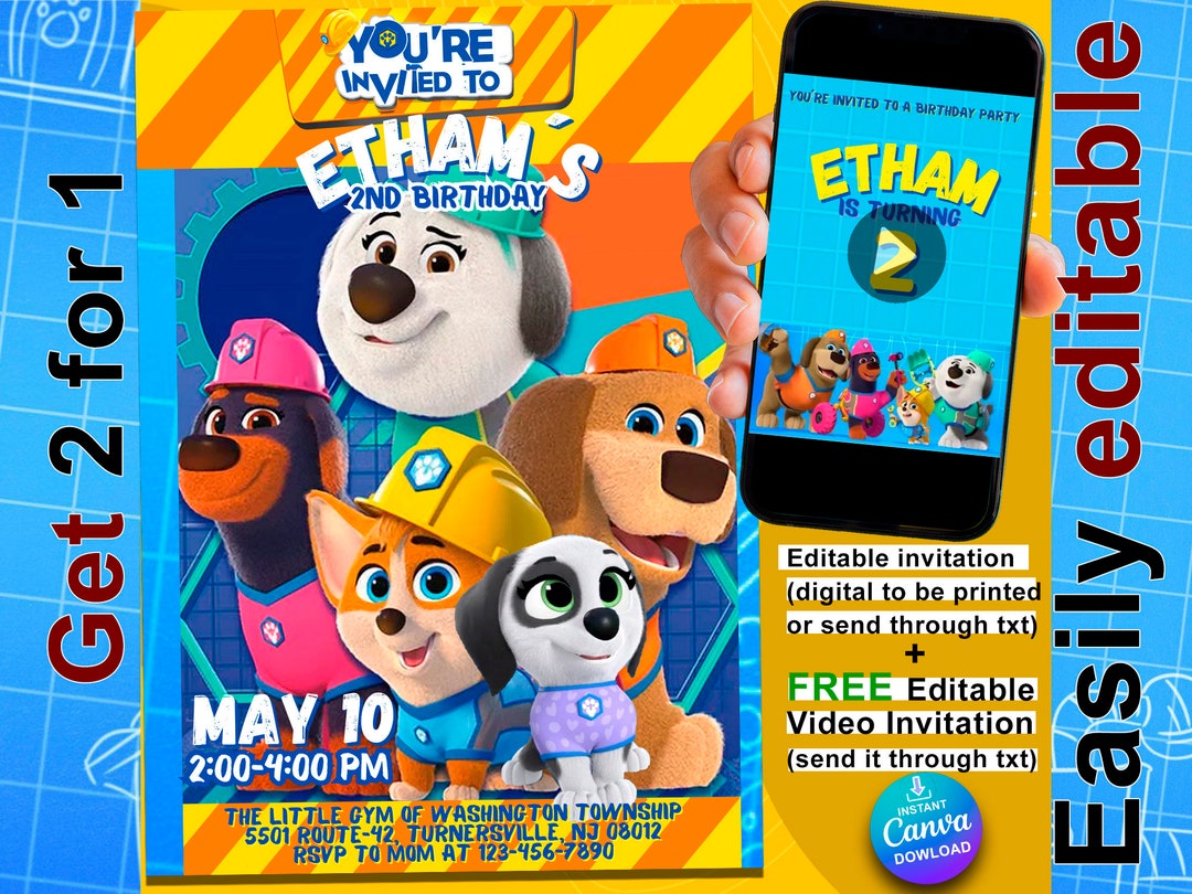 Pupstruction Digital 2X1 Birthday Printable Invitation and Video ...