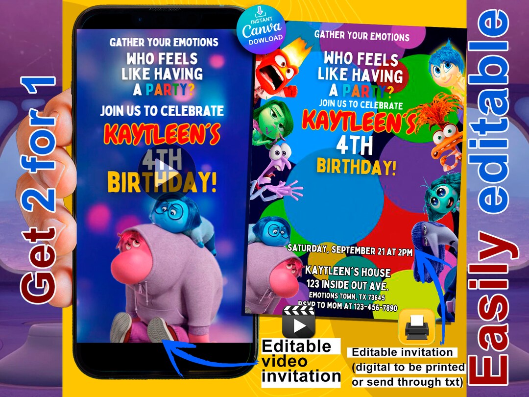 Conjunto de invitaciones de cumpleaños de Inside Out 2: Video animado ...