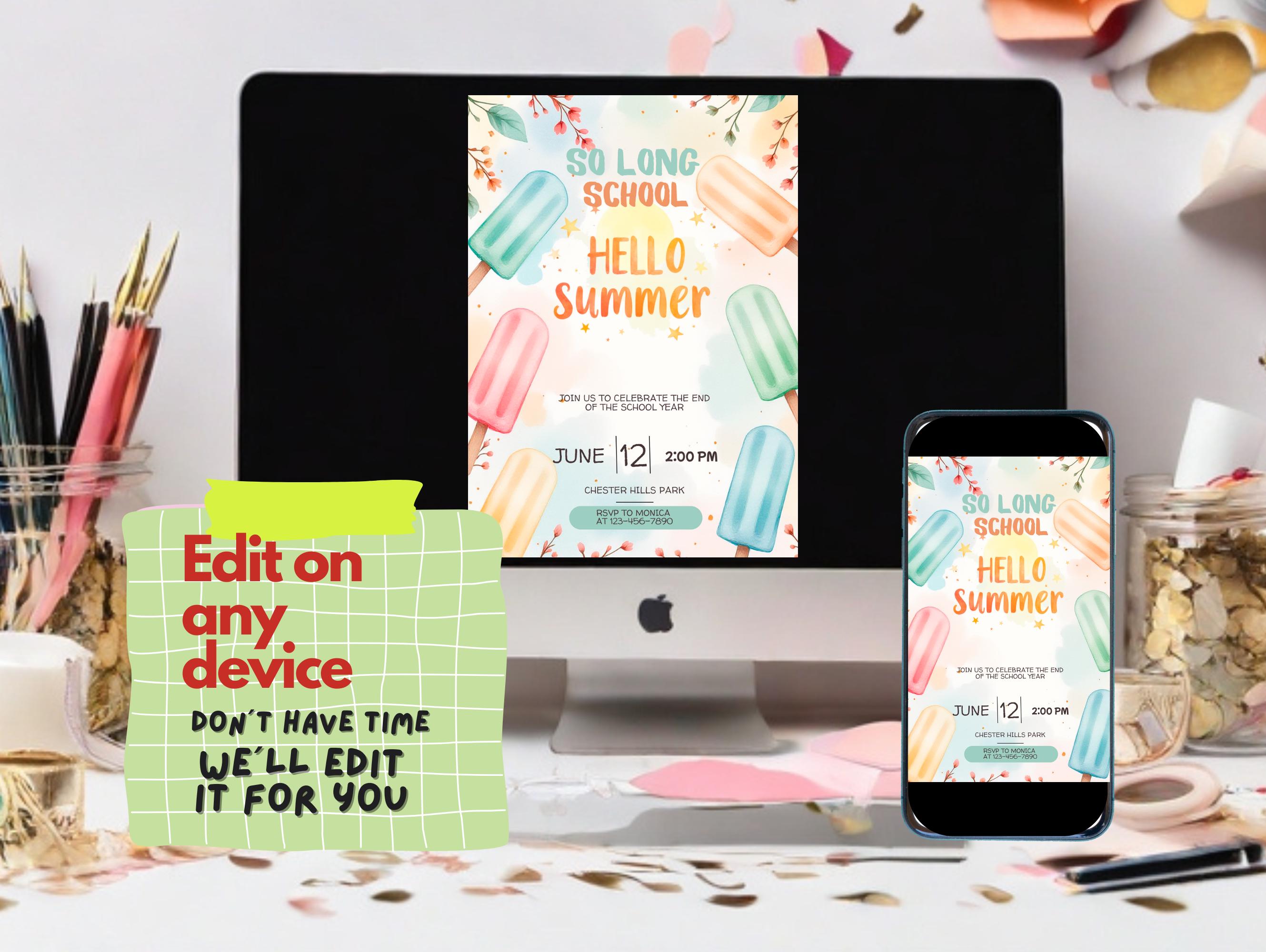 Popsicle End of School Party Invitation | so Long School Hello Summer ...