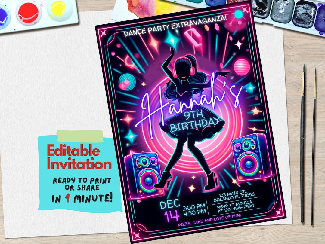 Dancing Birthday Party Invitation - Instant Download, Dance Party Theme ...