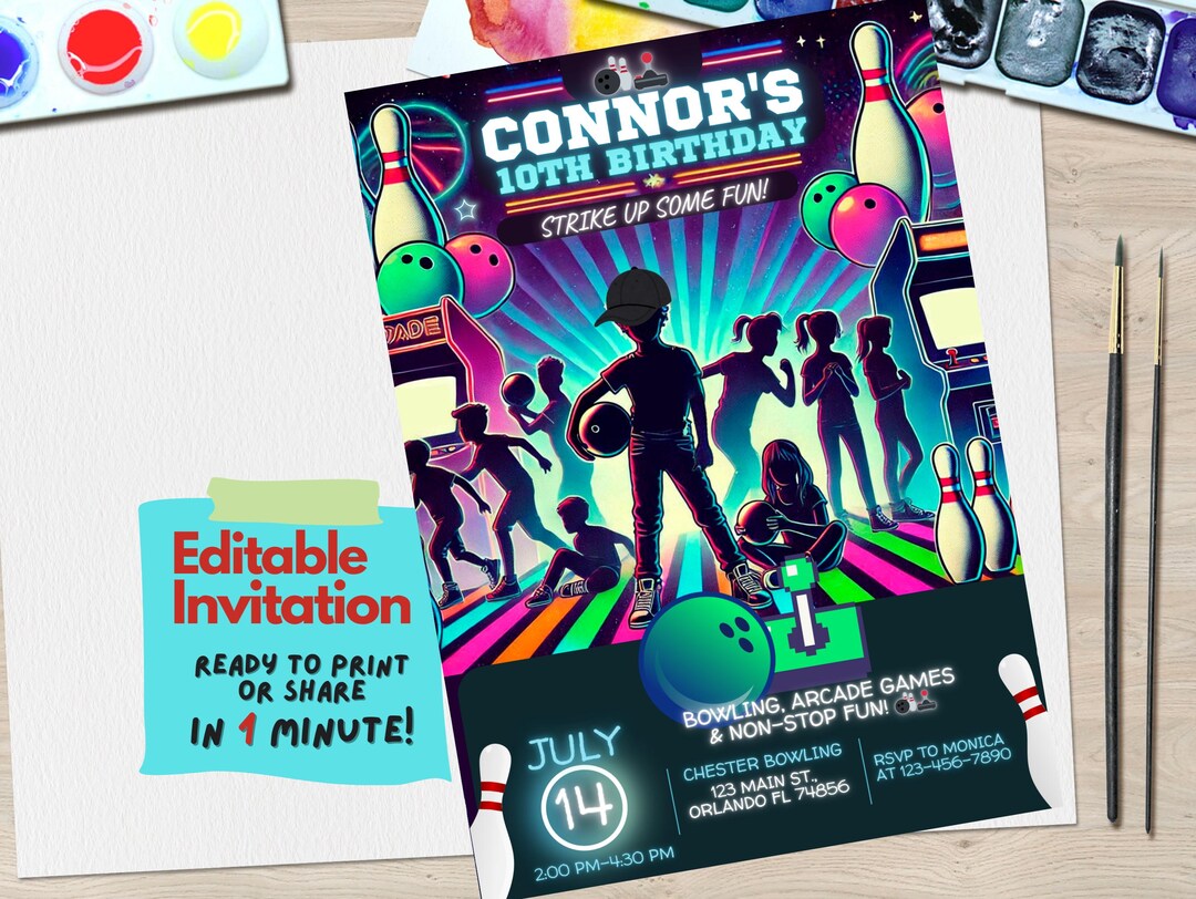 Arcade & Bowling Birthday Invitation | Glow Bowling Party | Video Game ...