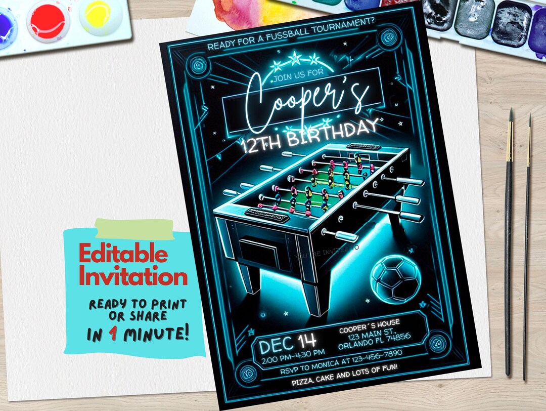 Foosball Birthday Invitation Editable in Canva, Kids Table Soccer Party ...