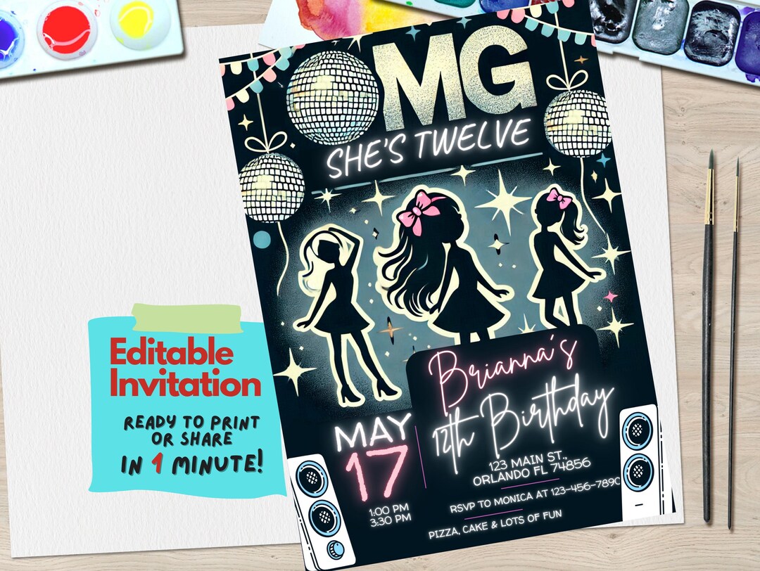 Editable OMG Dance Party Birthday Invitation - Neon Pink Glow Theme for ...