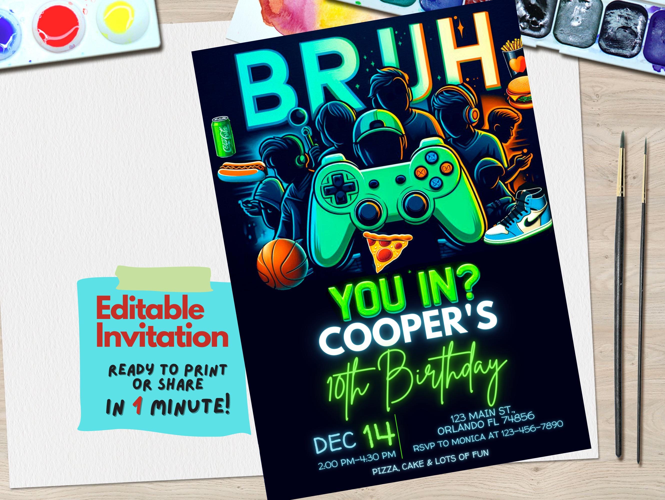 BRUH YOU IN? Neon Gamer Birthday Invitation | Editable Canva Template ...