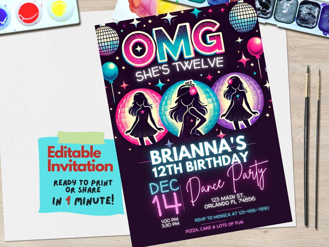 Tween Girl OMG Dance Party Birthday Invitation - Neon Pink Glow Theme ...