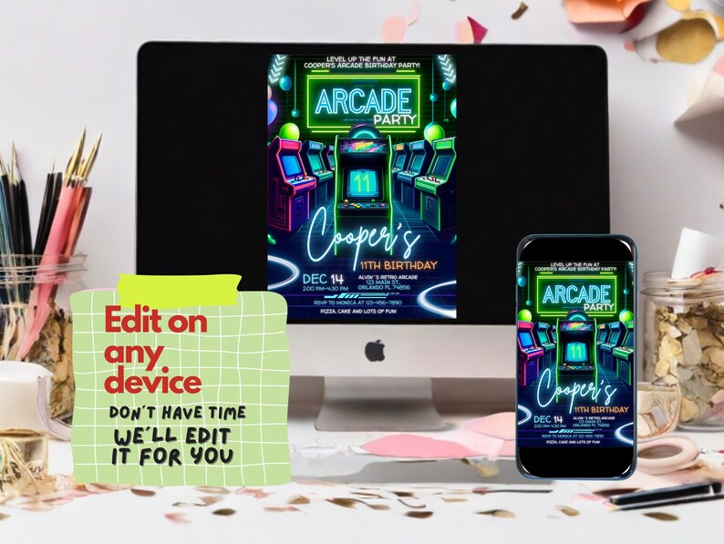 Arcade Birthday Invitation Template - Editable Canva Design for Retro ...