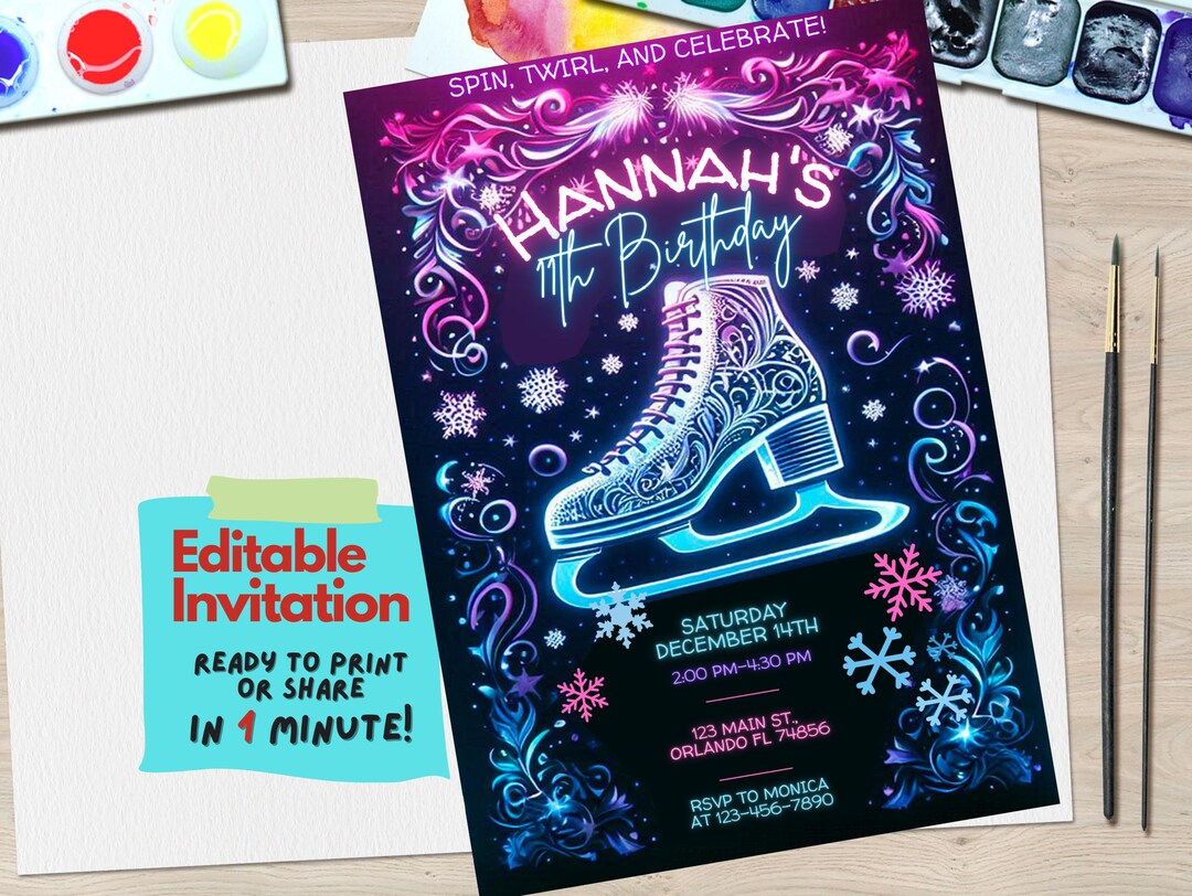 Editable Ice Skating Birthday Invitation Template Winter Ice Skating ...