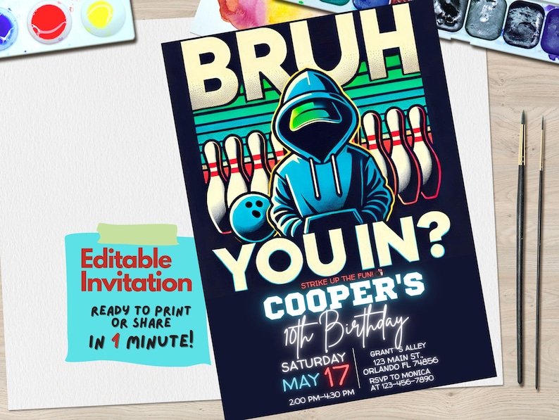Bowling Birthday Party Invitation | Editable Canva Template | Bruh You ...