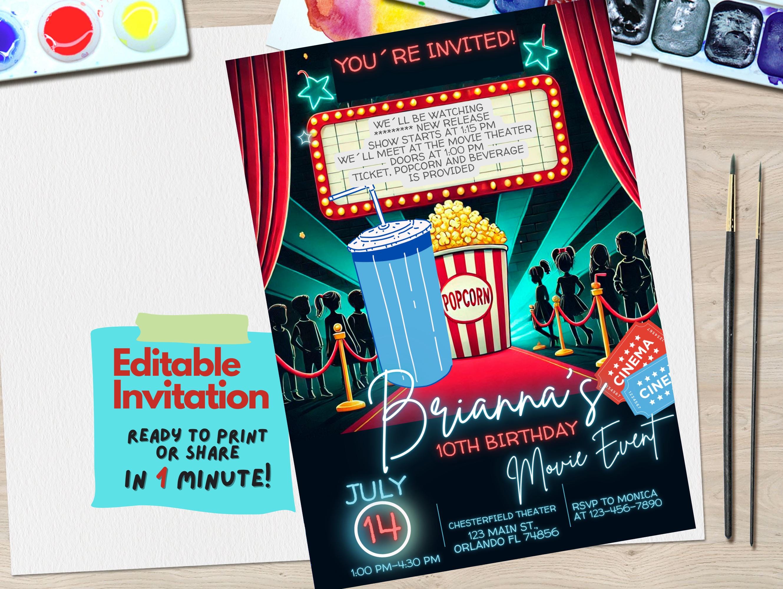 Going to the Movies Birthday Invitation, Movie Night Birthday Party ...