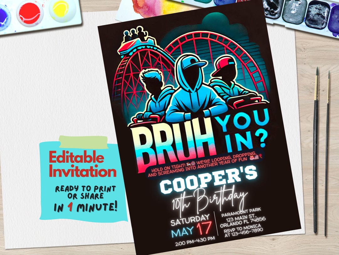 Roller Coaster Birthday Party Invitation | Editable Canva Template | Bruh You In? Theme ...