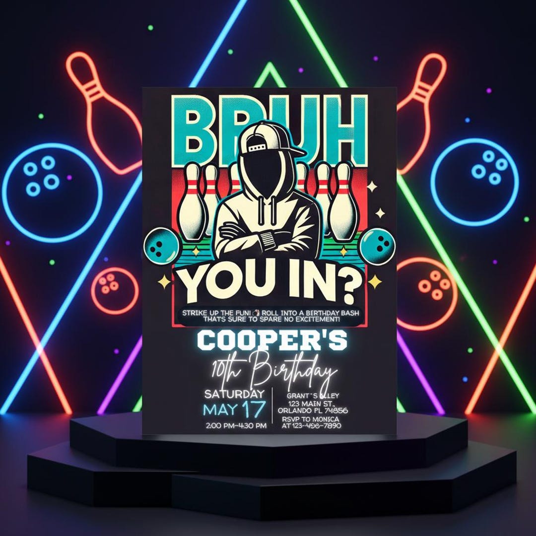 Neon Bowling Birthday Invitation Template | Editable Canva Party Invite ...