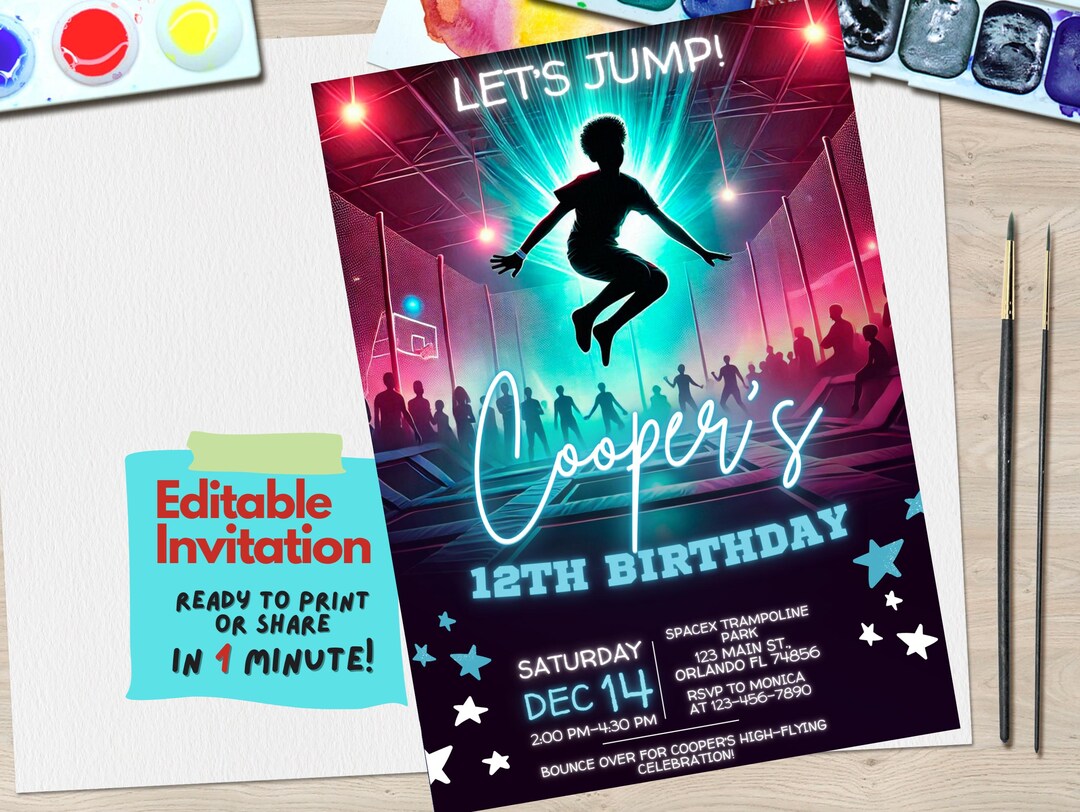 Editable Trampoline Park Birthday Invitation Template | Jump Party ...