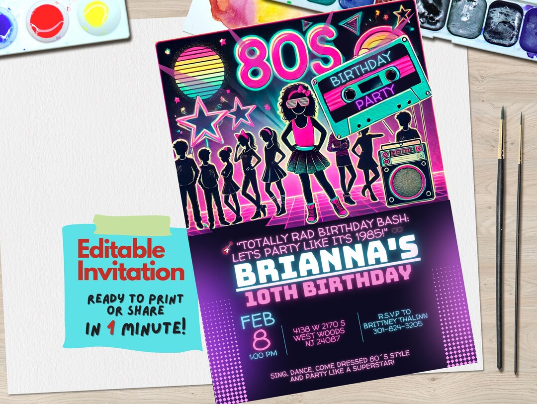 80s Birthday Party Invitation, Editable Retro Neon Invite, Totally Rad ...