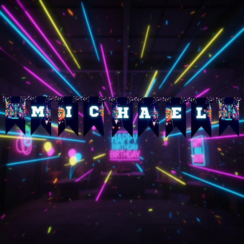 Editable Neon Party Animals Banner | Custom Name Birthday Bunting ...