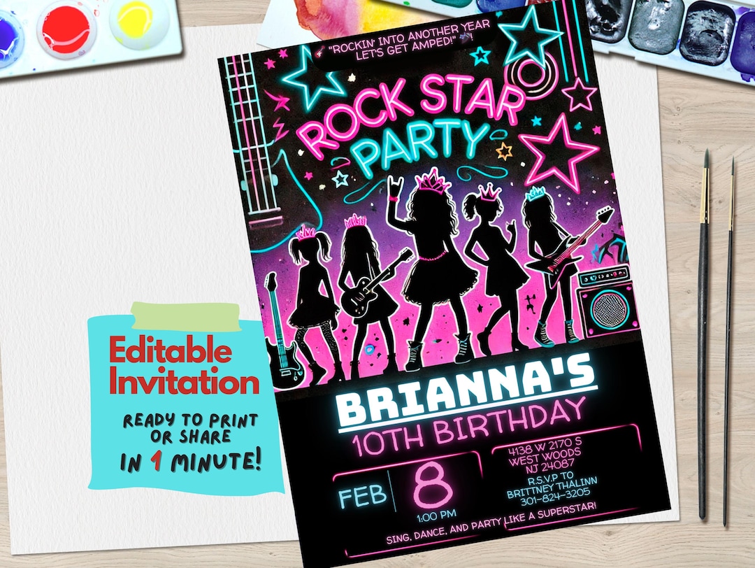 Rockstar Birthday Party Invitation, Editable Music-themed Invite ...