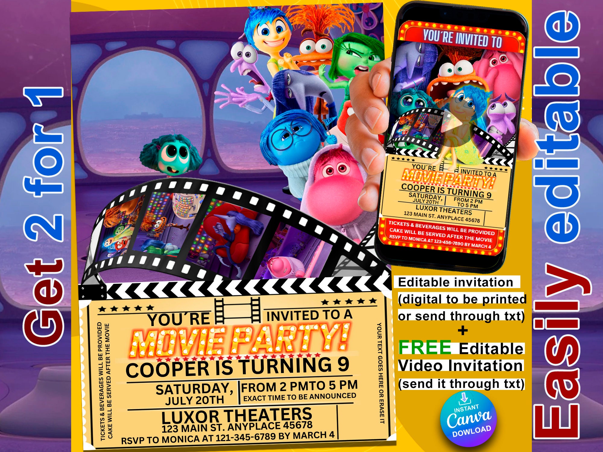 Inside Out 2 Movie Theater Birthday Party Invitations: Editable ...