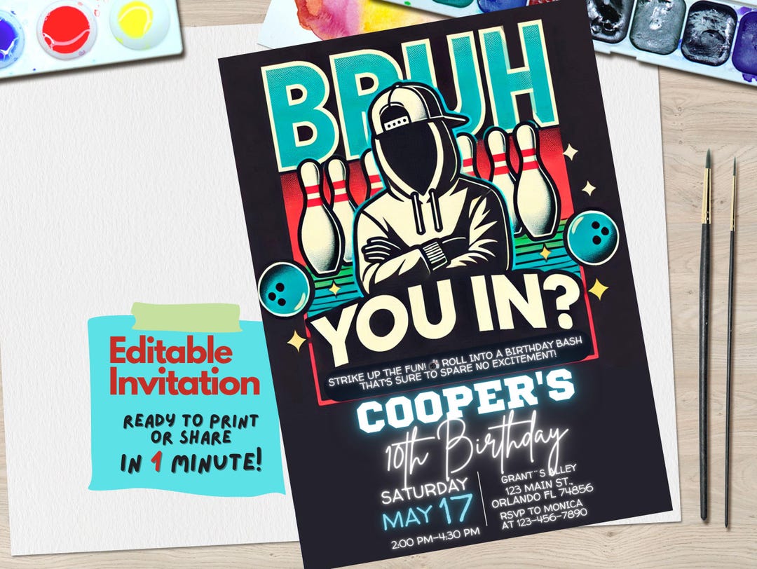 Bowling Birthday Party Invitation Template | Editable Canva Design for ...
