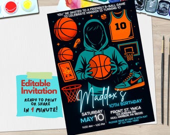 Basketball Birthday Party Invitation | Editable Canva Template | Boys ...