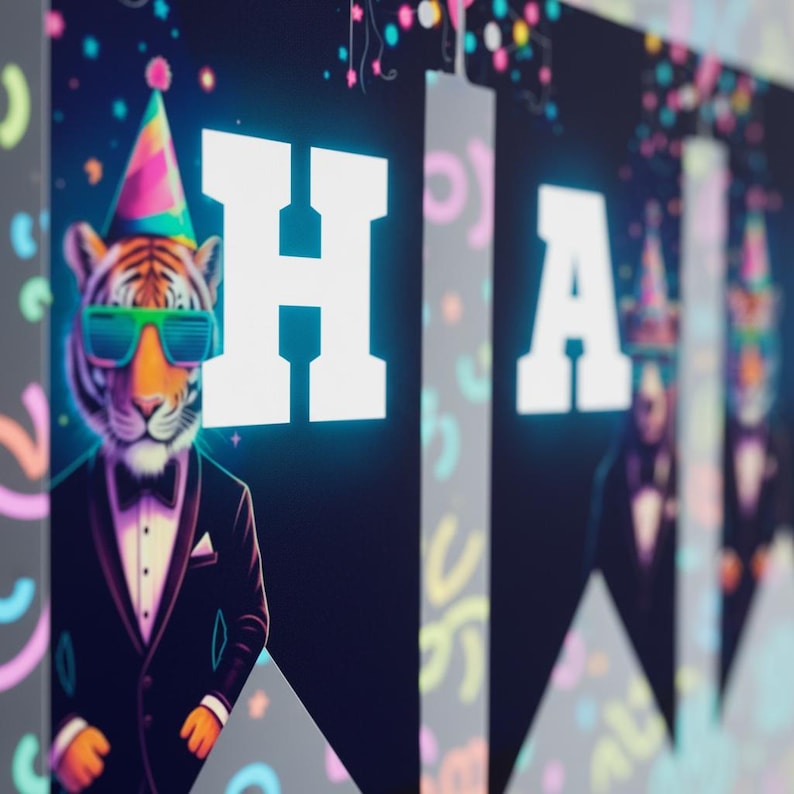 Editable Neon Party Animals Banner | Custom Name Birthday Bunting ...