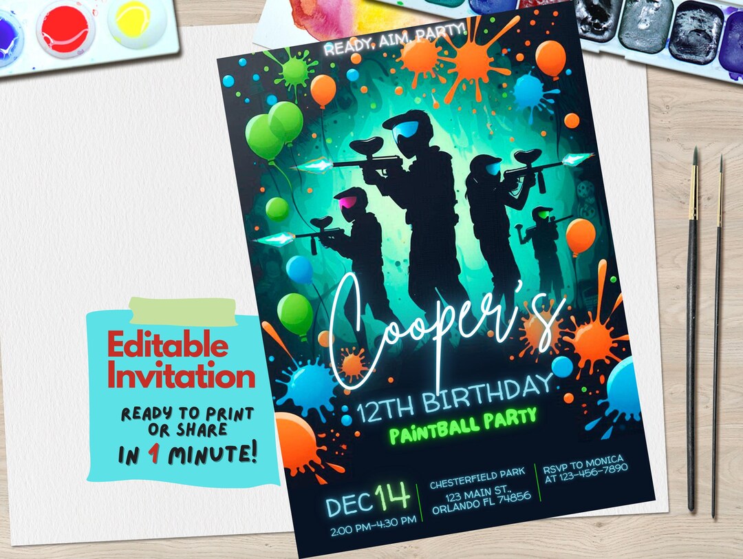Paintball Birthday Invitation Template - Editable Paintball Party ...
