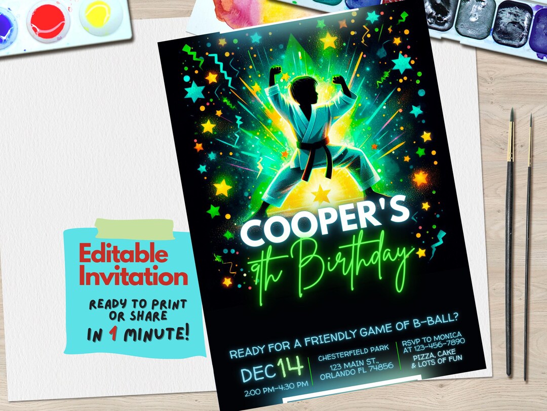 Karate Birthday Invitation Template, Editable Karate Party Invite ...
