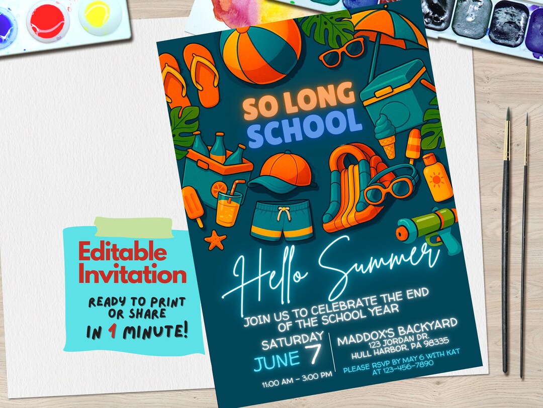So Long School Hello Summer Party Invitation | End of School Year ...
