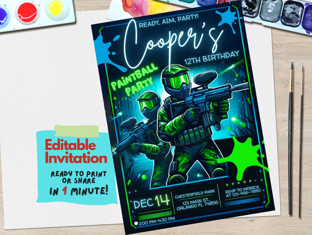 Paintball Birthday Party Invitation Editable Template for Kids ...