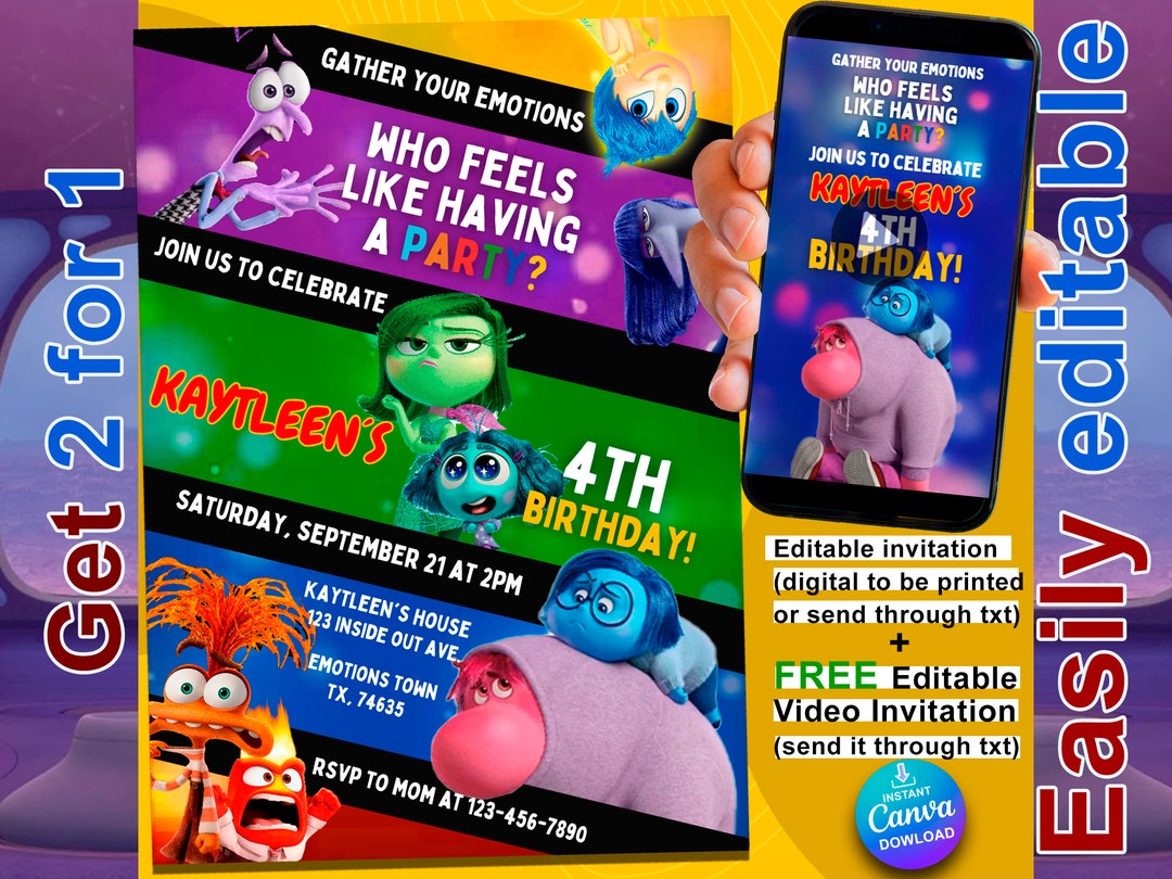 Inside Out 2 Editable Invitations 1 Digital Printable Invite & 1 Video ...