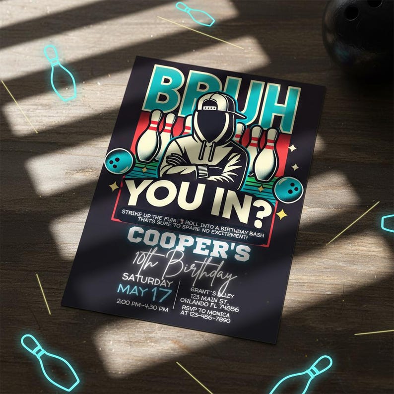 Neon Bowling Birthday Invitation Template | Editable Canva Party Invite ...