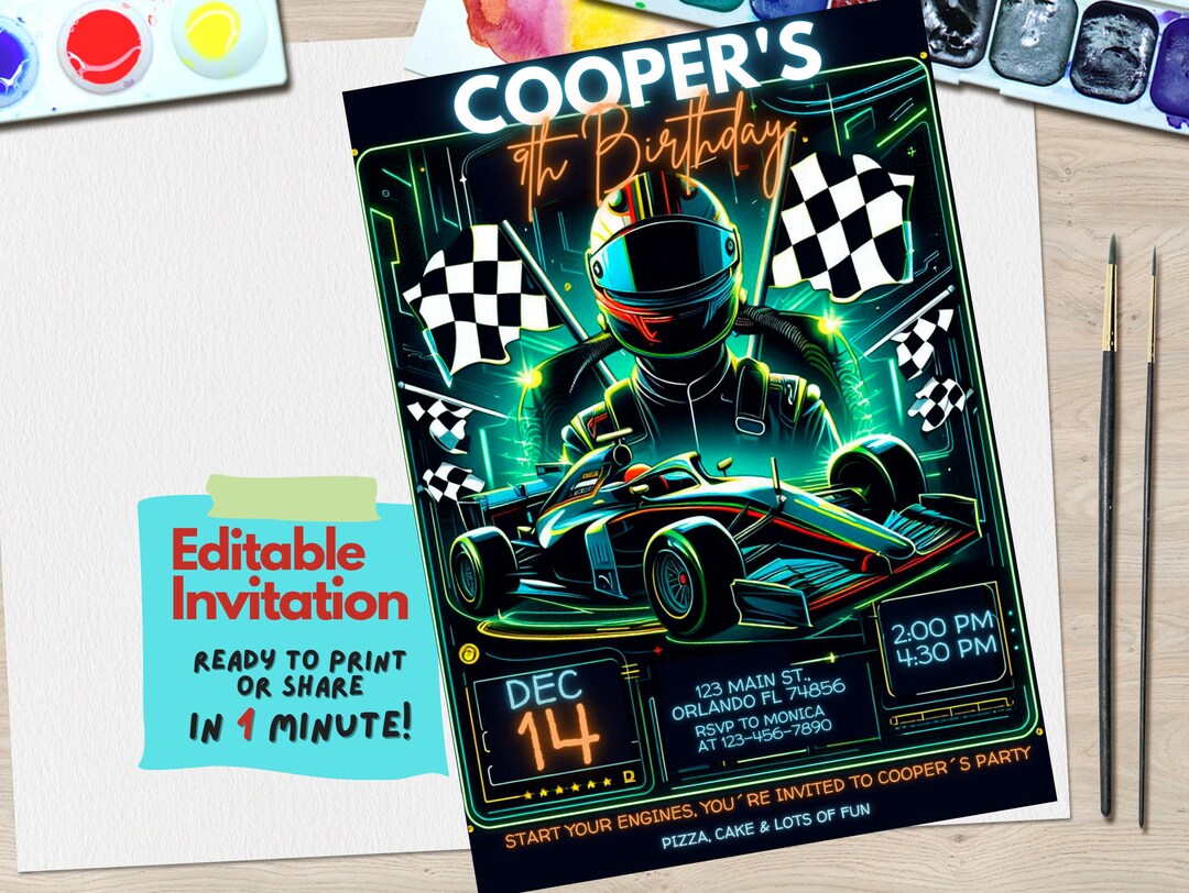 Race Car Birthday Invitation Template, Editable Racing Party Invite ...