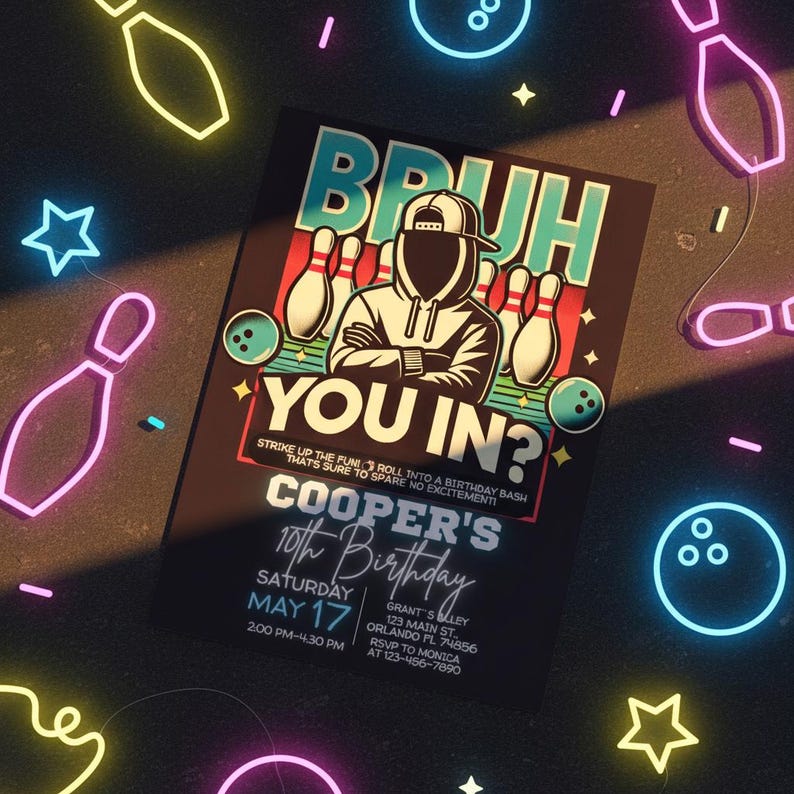 Neon Bowling Birthday Invitation Template | Editable Canva Party Invite ...