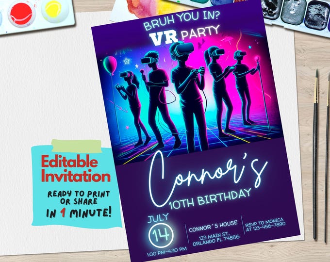 Editable VR Birthday Party Invitation: Gamer Neon Design (digital ...