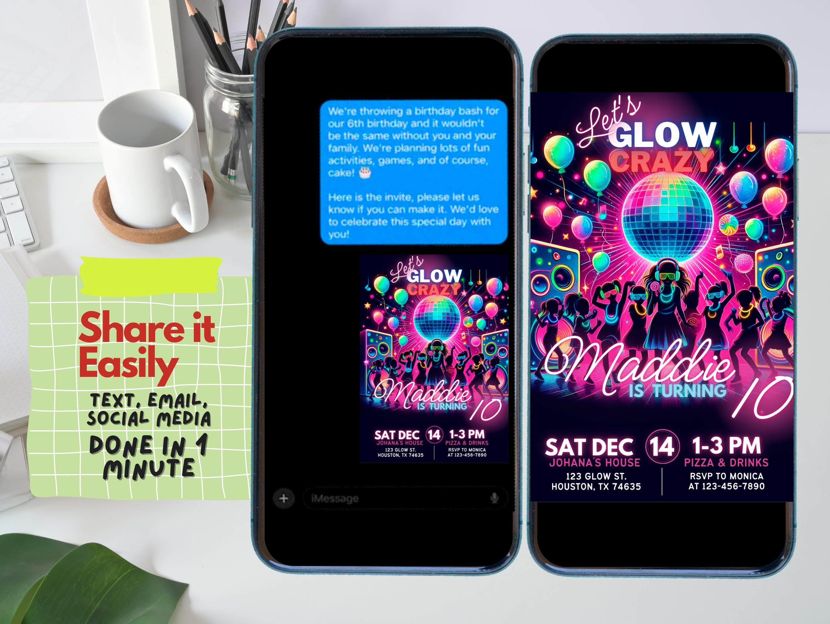 Let's Glow Crazy Birthday Invitation, Editable Canva Template, Glow ...