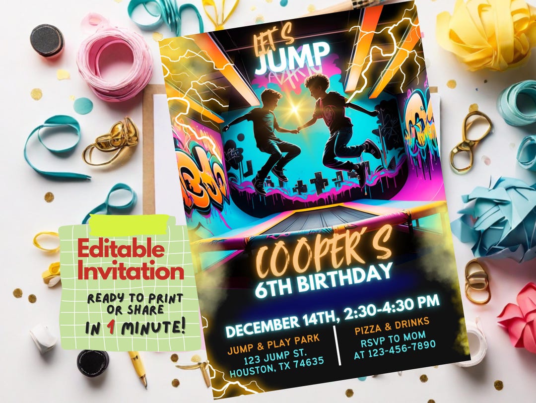 Let's Bounce Birthday Party Invitation | Editable Jump Trampoline ...
