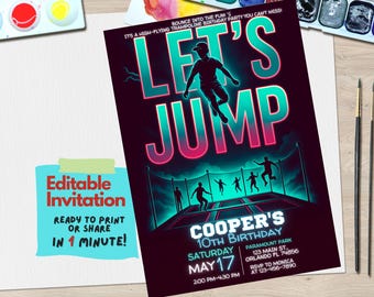 Let’s Jump! Trampoline Park Birthday Invitation for Boys | Editable ...