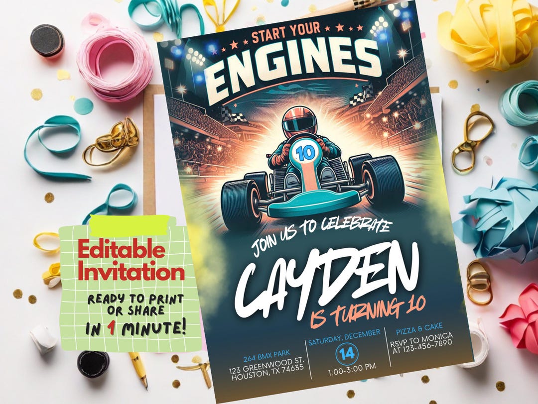 Go Kart Birthday Invitation, Editable Canva Template, Boys Go Kart ...