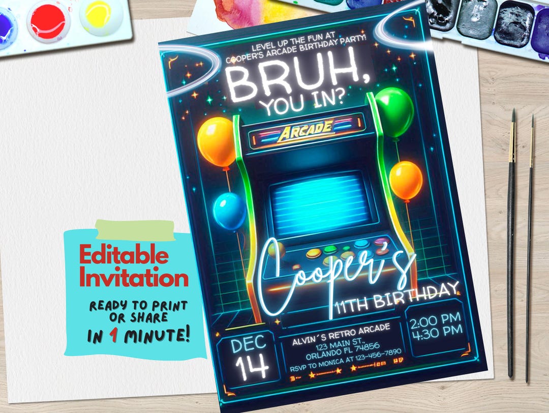 Editable Arcade Birthday Party Invitation Template | Digital Video Game ...