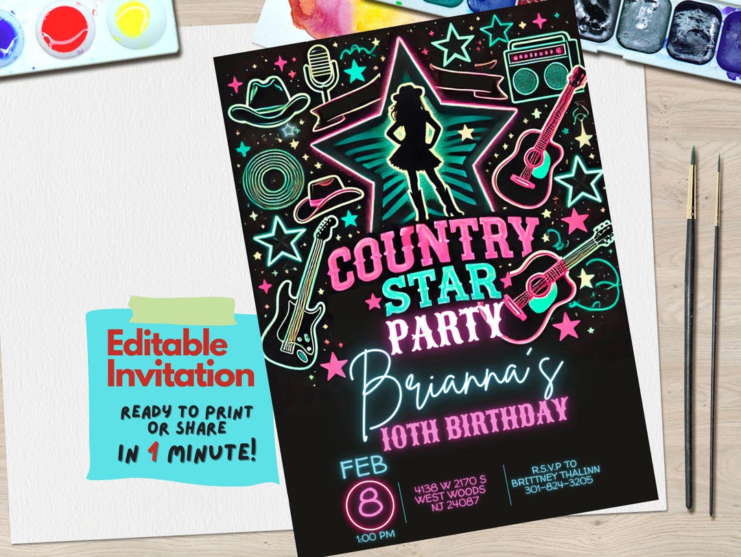Country Star Birthday Invitation, Editable Canva Template, Western ...