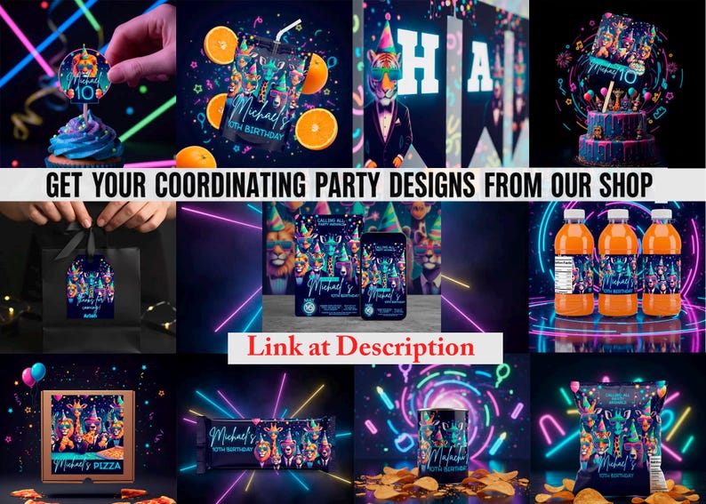 Editable Neon Party Animals Banner | Custom Name Birthday Bunting ...